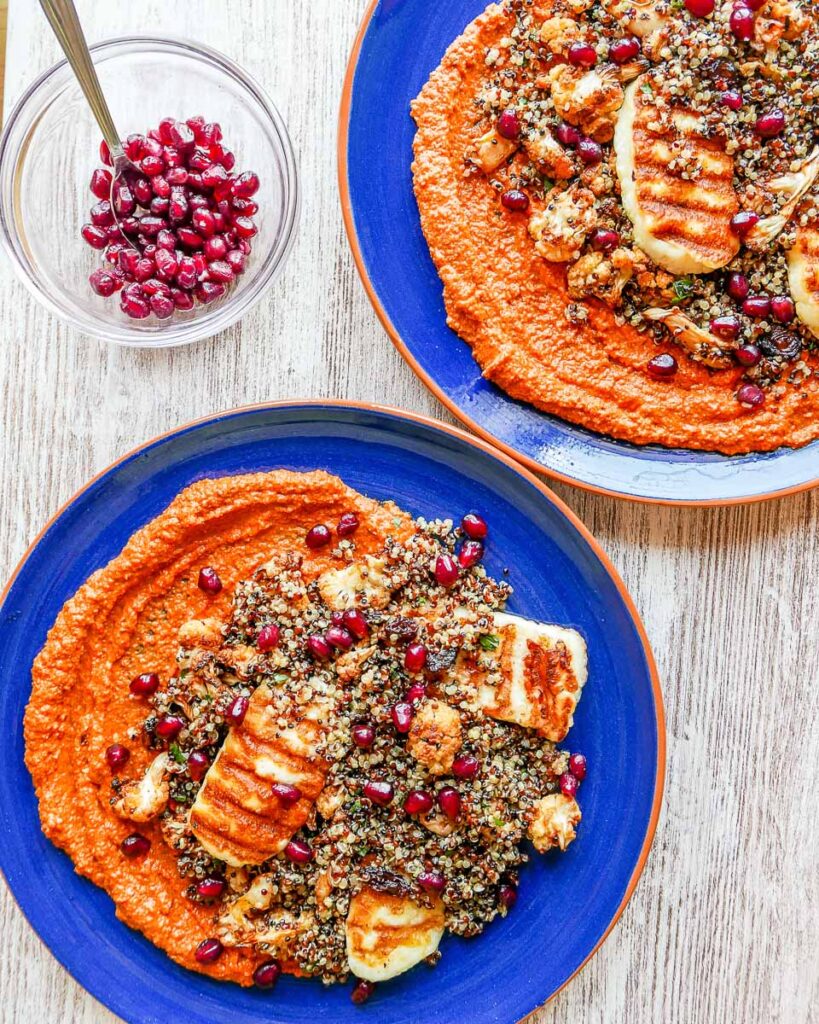 Muhammara with Roasted Cauliflower, Quinoa and Halloumi - Vegetarian