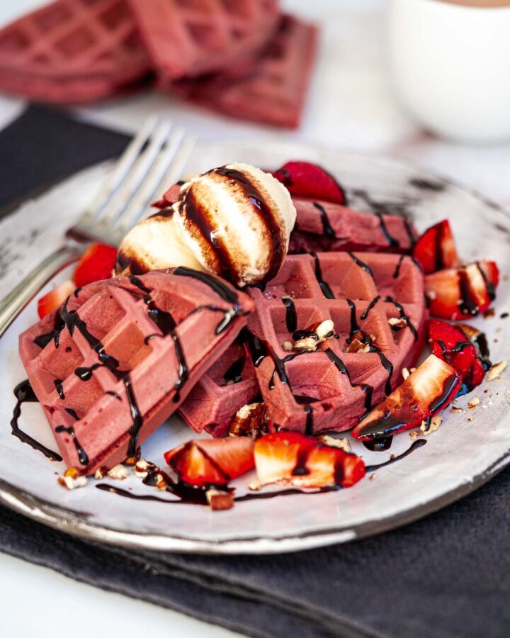 Red Velvet Waffles (Dairy-free) - Six Hungry Feet Recipes