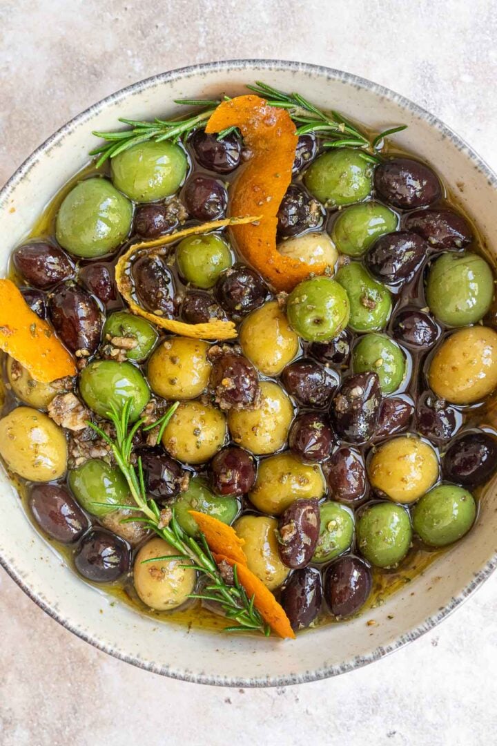 Mediterranean Marinated Olives - Six Hungry Feet
